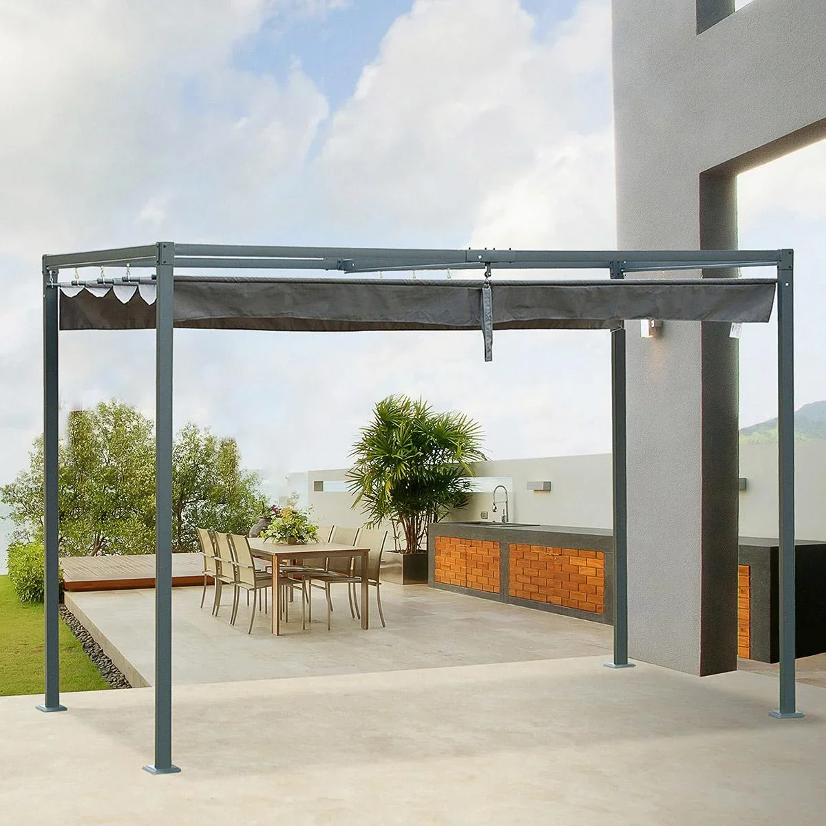Pergola Pavillon Terrassenüberdachung mit Schiebedach Polyester Grau ...
